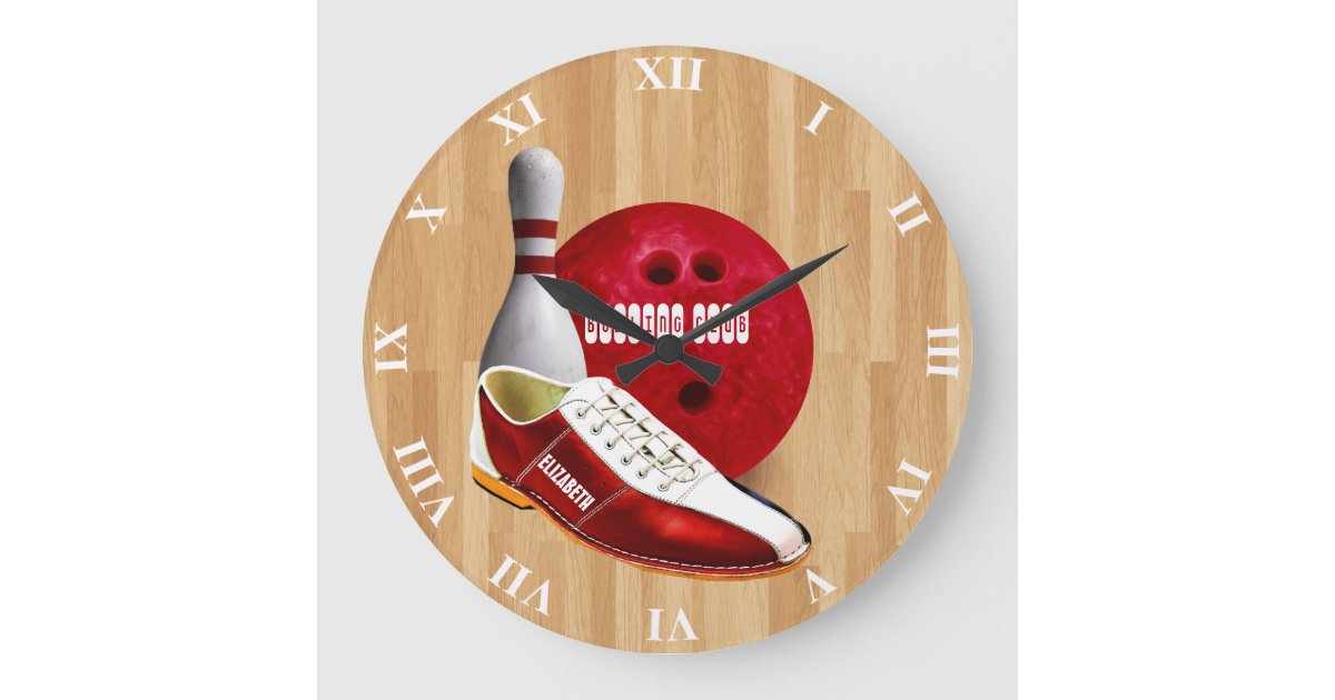 Bowling Ball Shoe And Pin With Your Custom Name Large Clock | Zazzle