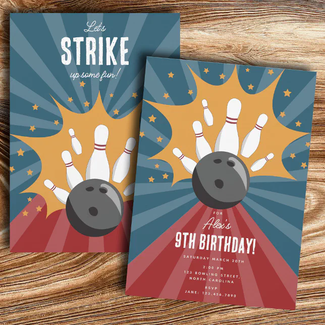 Bowling Ball Strike Up Some Fun Kids Birthday Invitation | Zazzle