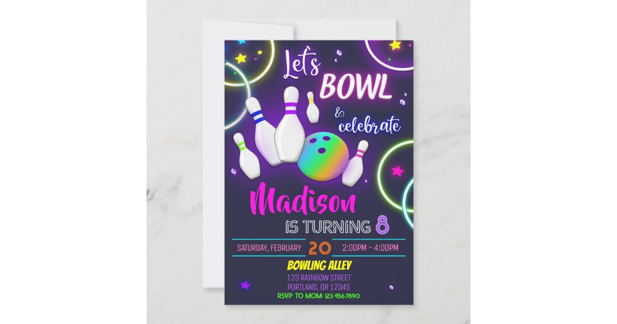 Bowling birthday invitation Neon glow party invite | Zazzle