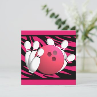 Bowling Birthday Neon Pink and Zebra Stripes Invitation | Zazzle