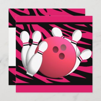 Bowling Birthday Neon Pink and Zebra Stripes Invitation | Zazzle
