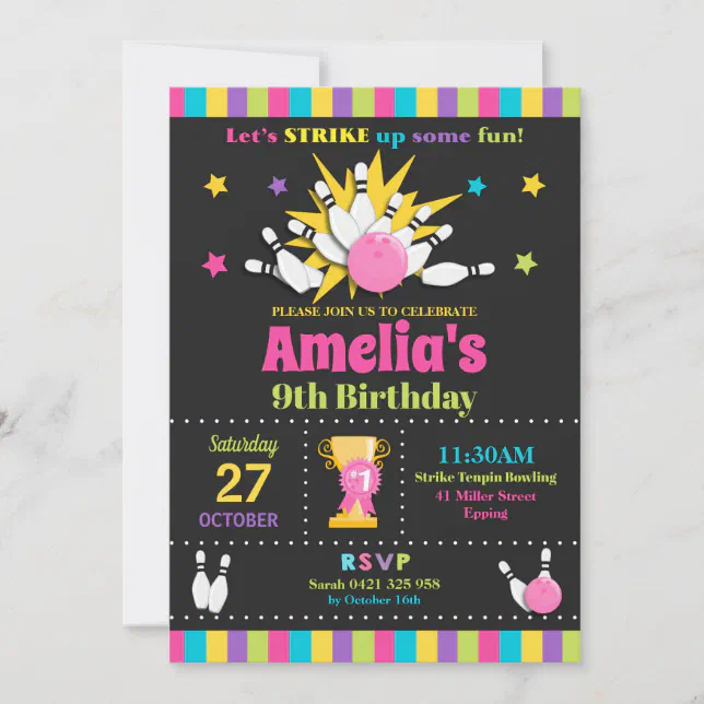 Bowling Birthday Party Invitations Girls | Zazzle