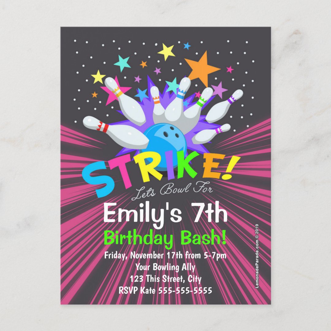 Bowling Birthday Party Postcard Invitations | Zazzle