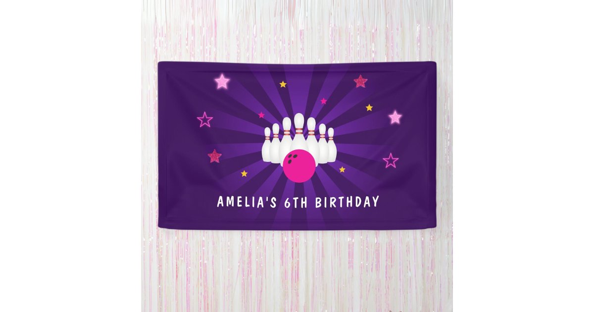 Bowling Birthday Party Purple Pink Stars Banner | Zazzle
