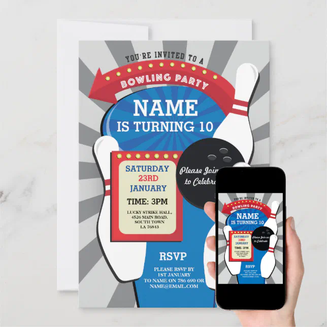 Bowling Birthday Party Tenpin Boys Girls Invite | Zazzle