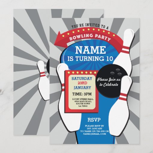 Bowling Birthday Party Tenpin Boys Girls Invite | Zazzle