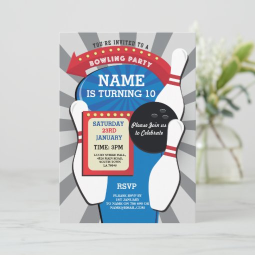 Bowling Birthday Party Tenpin Boys Girls Invite | Zazzle