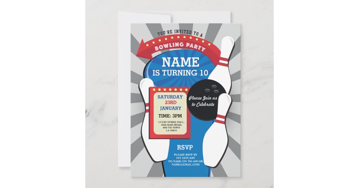 Bowling Birthday Party Tenpin Boys Girls Invite | Zazzle
