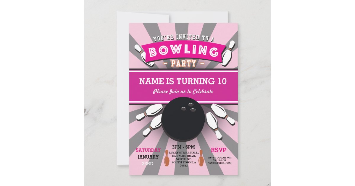 Bowling Birthday Party Tenpin Girls Pink Invite | Zazzle