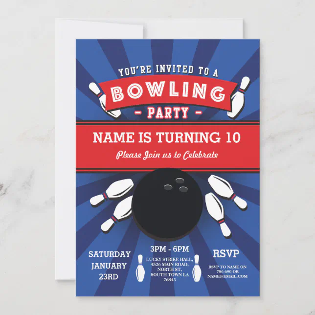 Bowling Birthday Party Tenpin Lucky Strike Invite | Zazzle