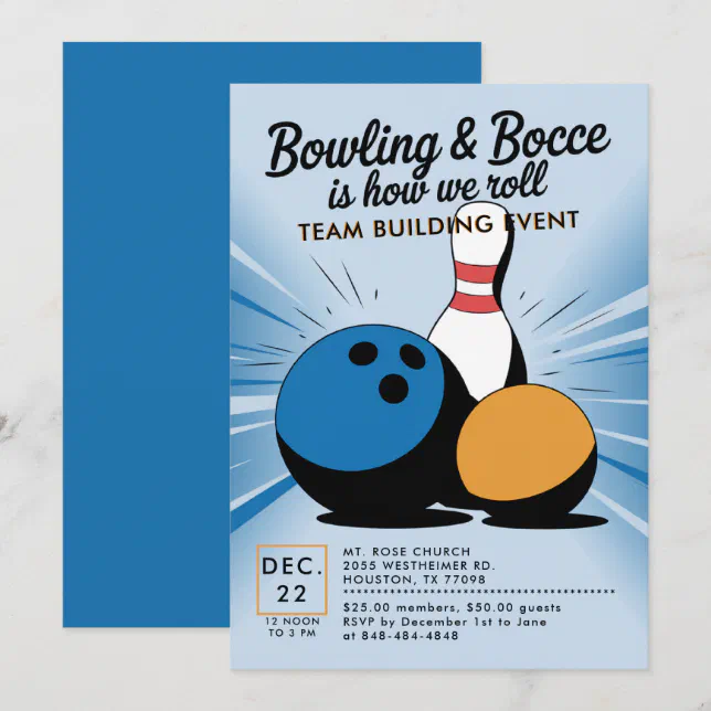 Bowling Bocce Team Building Church Business Blue Invitation | Zazzle