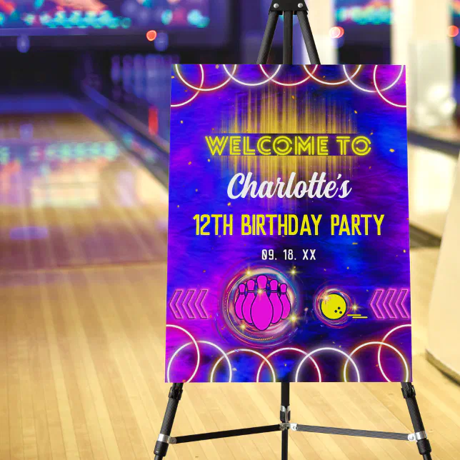 Bowling Neon Glow Purple Birthday Party Welcome Foam Board | Zazzle