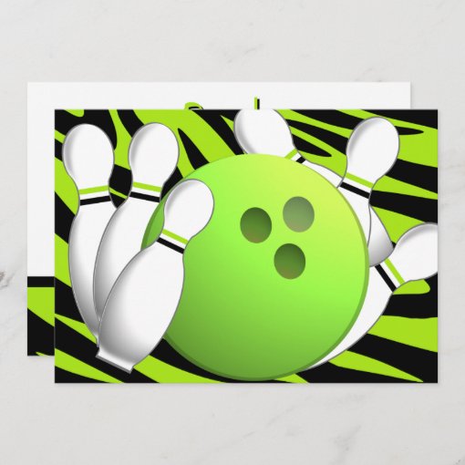 Bowling Neon Green and Zebra Invitation | Zazzle