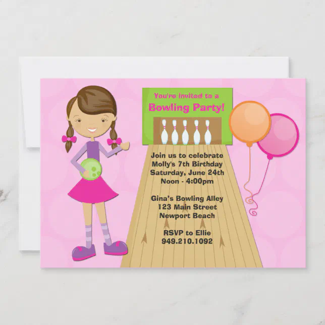 Bowling Party Birthday Invitation for Girl | Zazzle