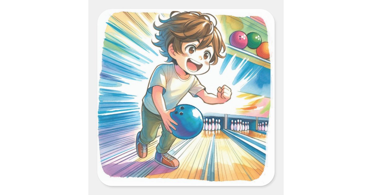 Bowling Party Boy's Anime Birthday Welcome Square Sticker | Zazzle