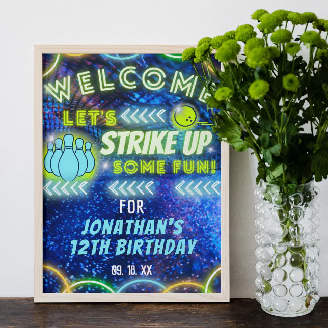 Bowling Strike Up Fun Neon Birthday Welcome Sign | Zazzle