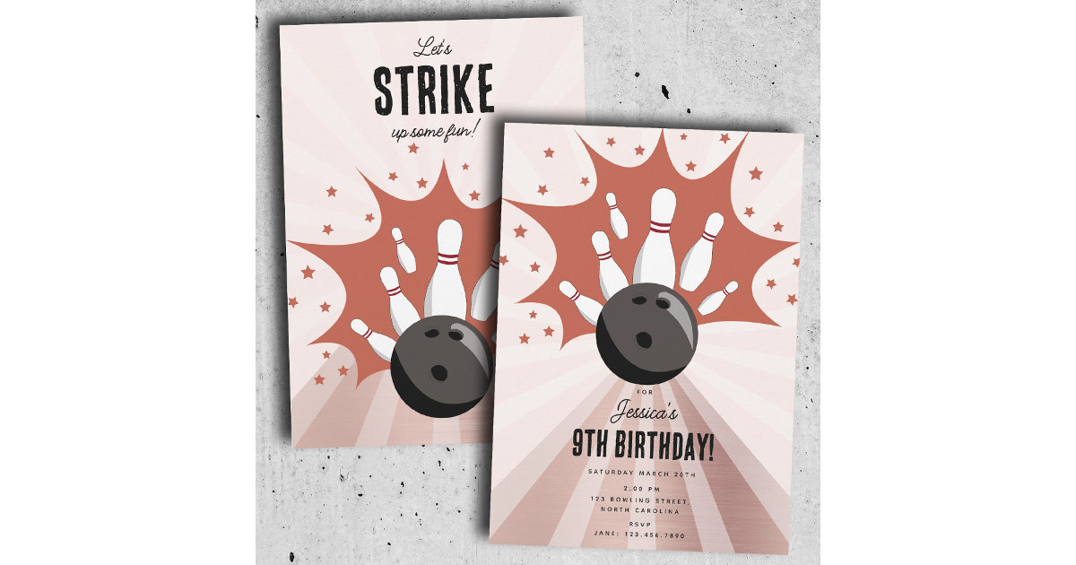 Bowling Strike Up Some Fun Birthday Rose Gold Girl Invitation | Zazzle