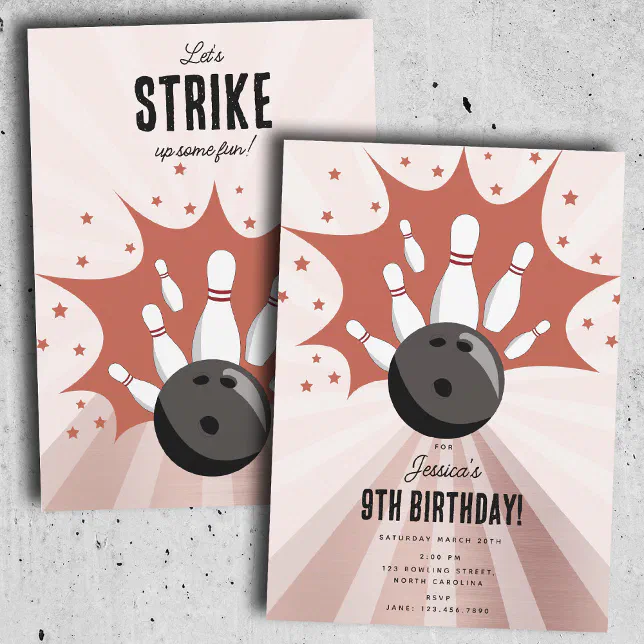 Bowling Strike Up Some Fun Birthday Rose Gold Girl Invitation | Zazzle