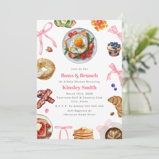 Bows + Brunch Girl Pink Baby Shower Breakfast Invitation | Zazzle