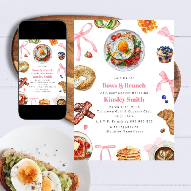 Bows + Brunch Girl Pink Baby Shower Breakfast Invitation | Zazzle