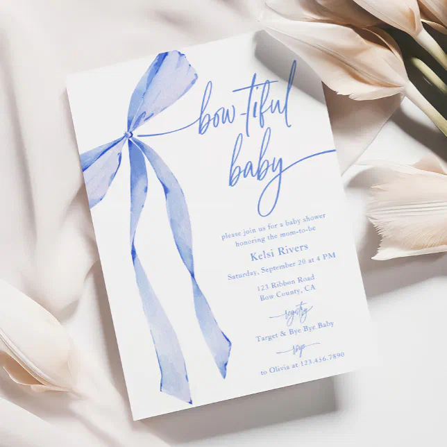 Bowtiful Watercolor Pastel Blue Baby Shower Invitation | Zazzle