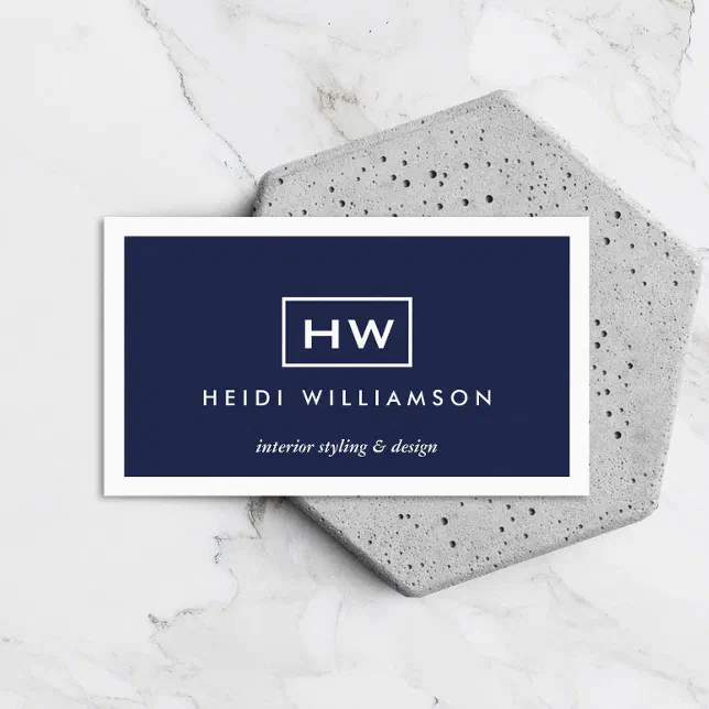 Box Logo with Two Initials Monogram on Dark Blue Business Card | Zazzle