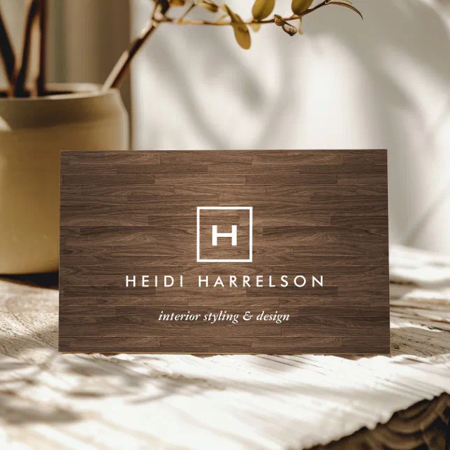 BOX LOGO with YOUR INITIAL/MONOGRAM on BROWN WOOD Business Card | Zazzle