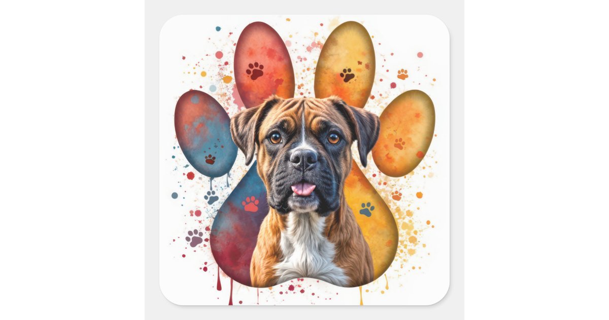 Boxer Dog In Watercolor Pawprint Square Sticker | Zazzle