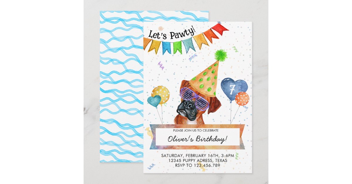 Boxer Lets Pawty Dog Birthday Party Invitation | Zazzle