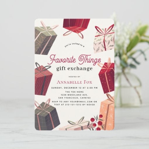 Boxes Favorite Things Gift Exchange Holiday Invitation | Zazzle