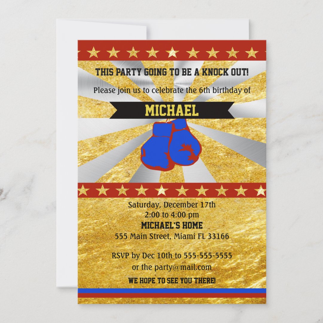 Boxing Sports Boy Birthday Invitation Gold Blue | Zazzle