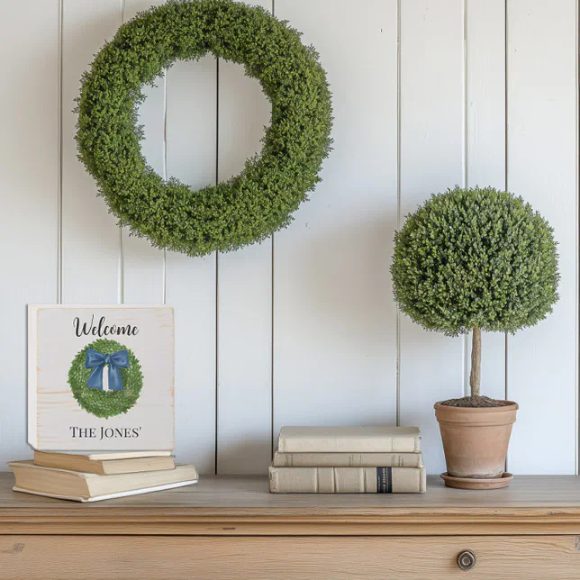 Boxwood Wreath with Blue Bow Wooden Box Sign | Zazzle