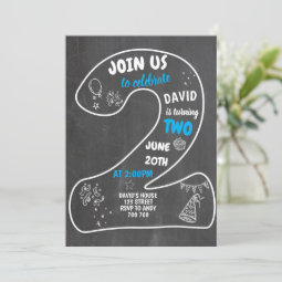 Boy 2nd Birthday Chalkboard Number Blue Invitation | Zazzle