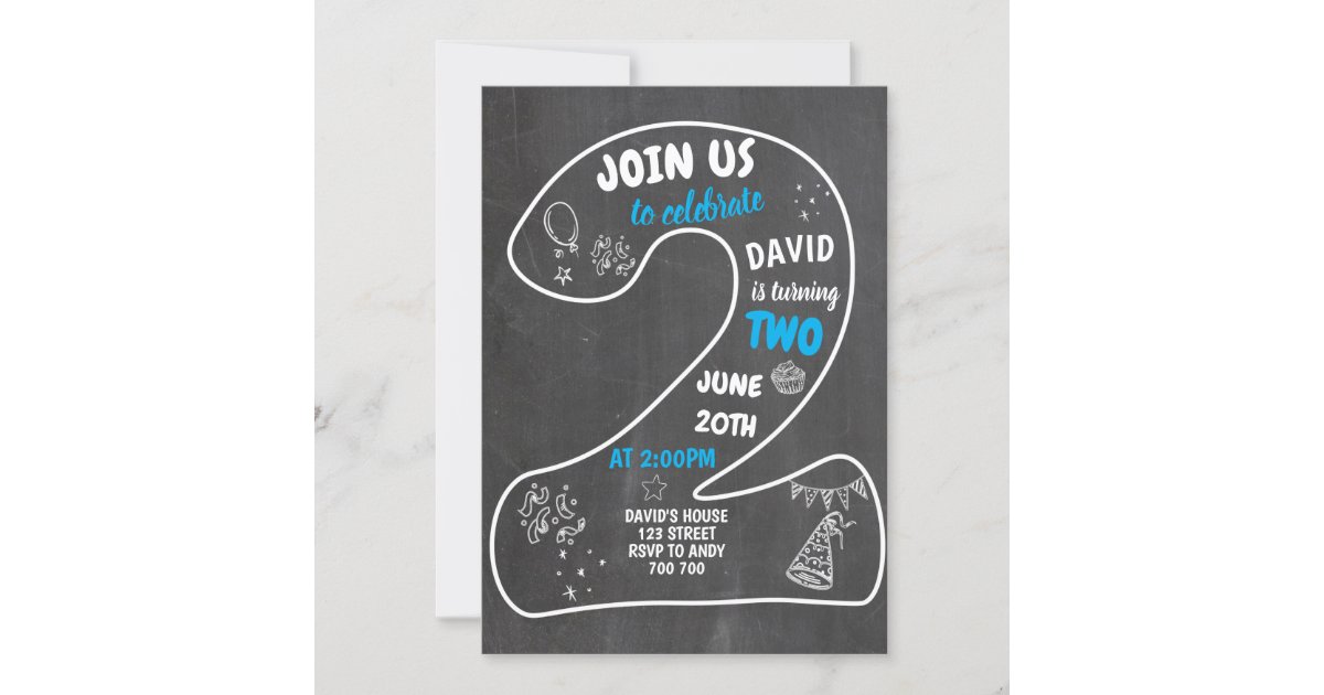 Boy 2nd Birthday Chalkboard Number Blue Invitation | Zazzle