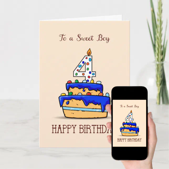 Boy 4th Birthday, 4 on Sweet Blue Cake Card | Zazzle