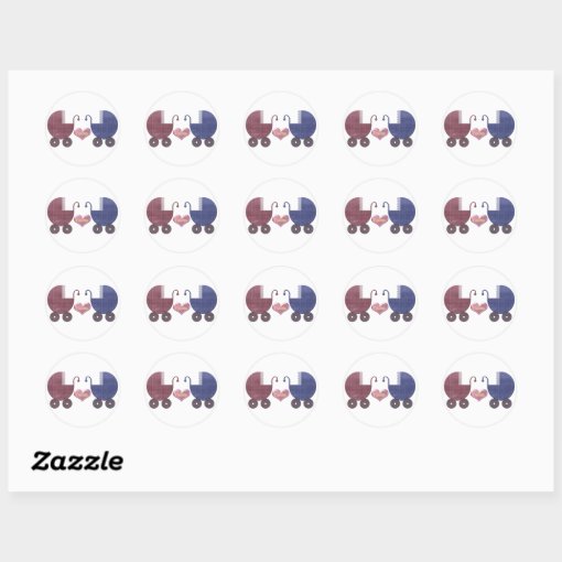 Boy and Girl Baby Twins, Pram Art Design Classic Round Sticker | Zazzle