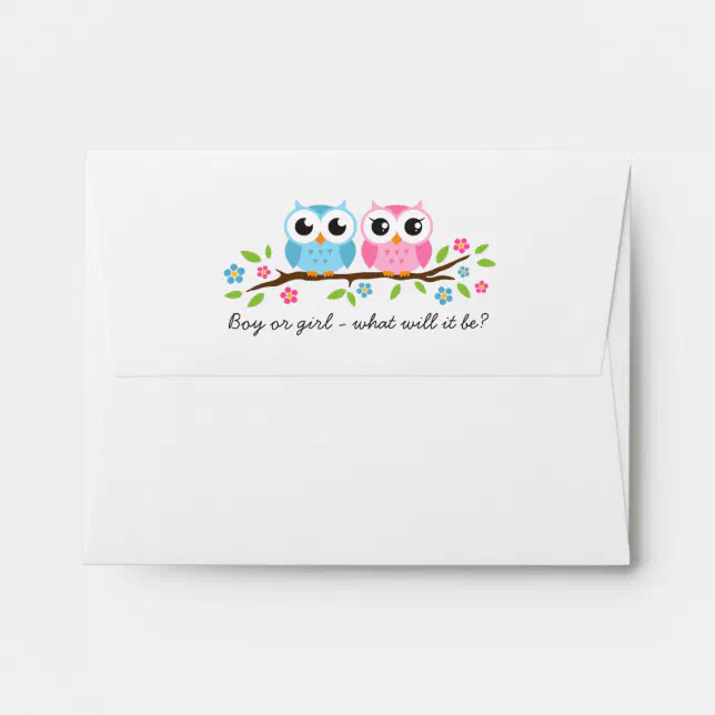 Boy and girl owls on floral branch gender reveal envelope | Zazzle