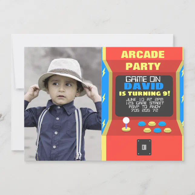 Boy Arcade Party Retro Gaming Birthday with Photo Invitation | Zazzle