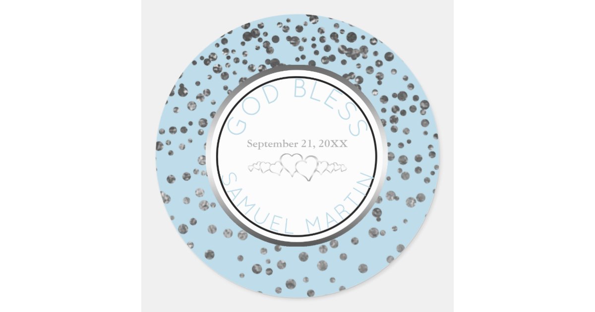 Boy Baby Blue Silver Personalized Religious Favor Classic Round Sticker ...