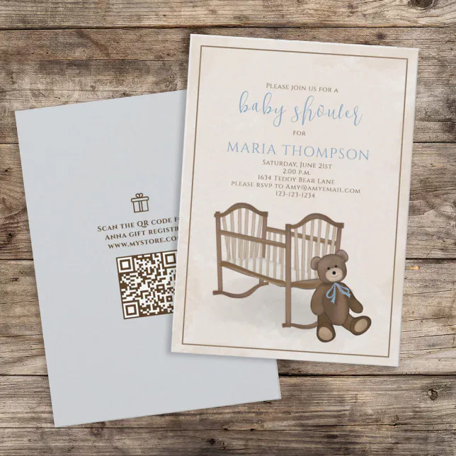 Boy Baby Blue Teddy Bear QR Code Gift Registry Invitation | Zazzle