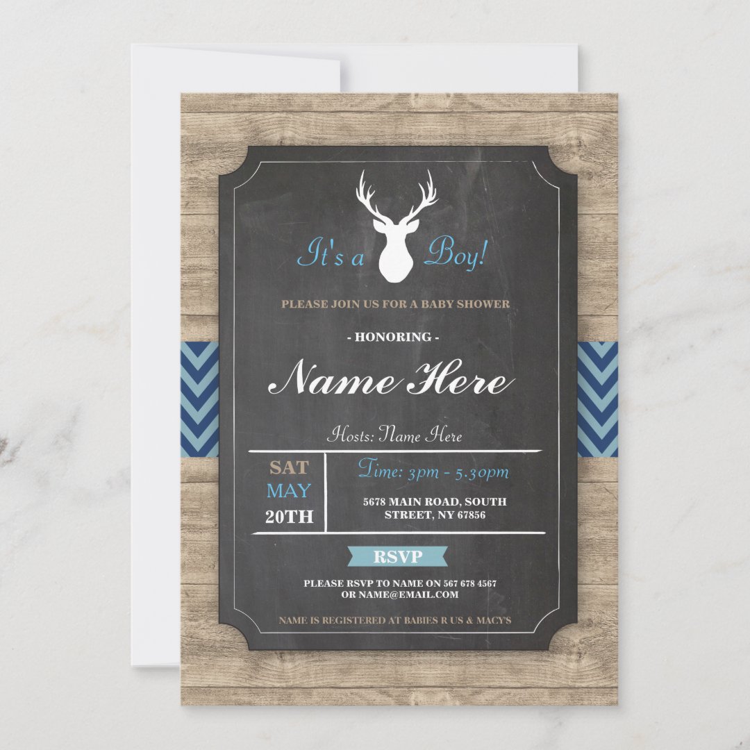 Boy Baby Shower Chalk Rustic Antler Stag Invite | Zazzle
