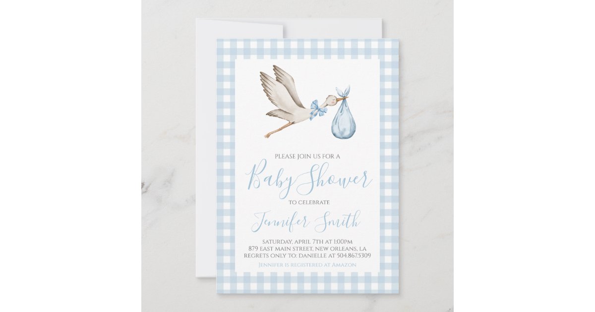 Boy Baby Shower Preppy Southern Blue Stork Invitation | Zazzle