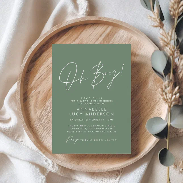 Boy baby shower script modern sage green elegant invitation | Zazzle
