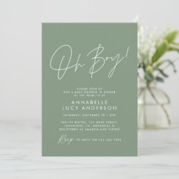 Boy baby shower script modern sage green elegant invitation | Zazzle