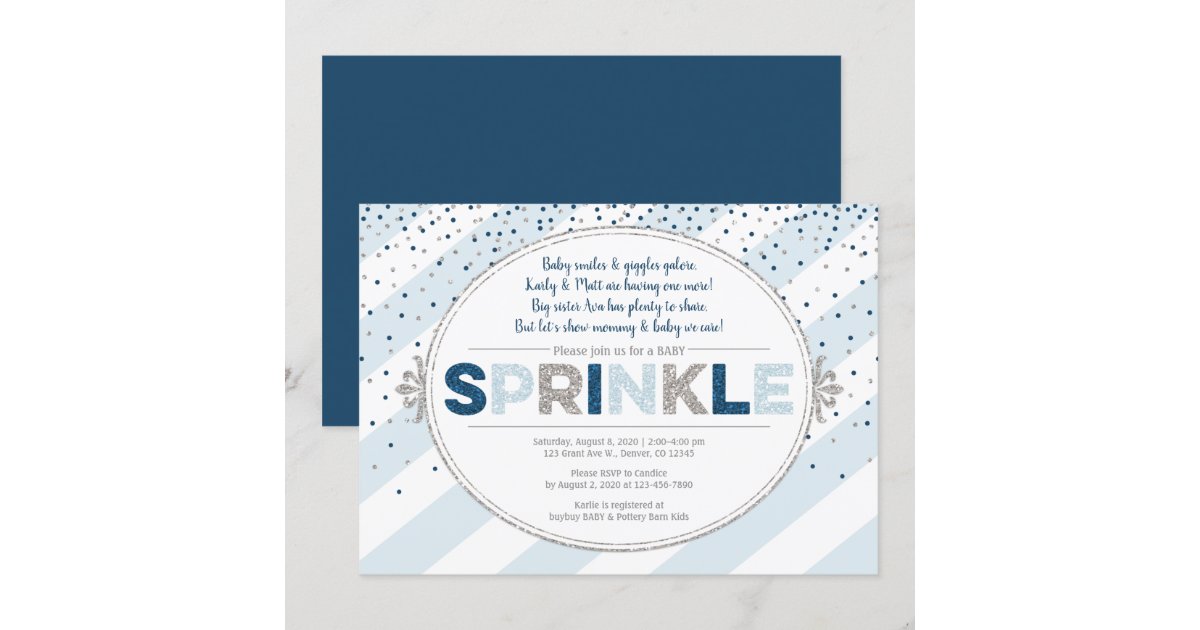 boy baby sprinkle invitation navy blue silver | Zazzle