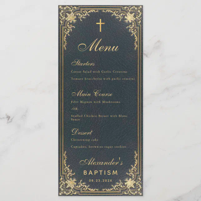 Boy Baptism Blue Gold Elegant Calligraphy Vintage Menu | Zazzle