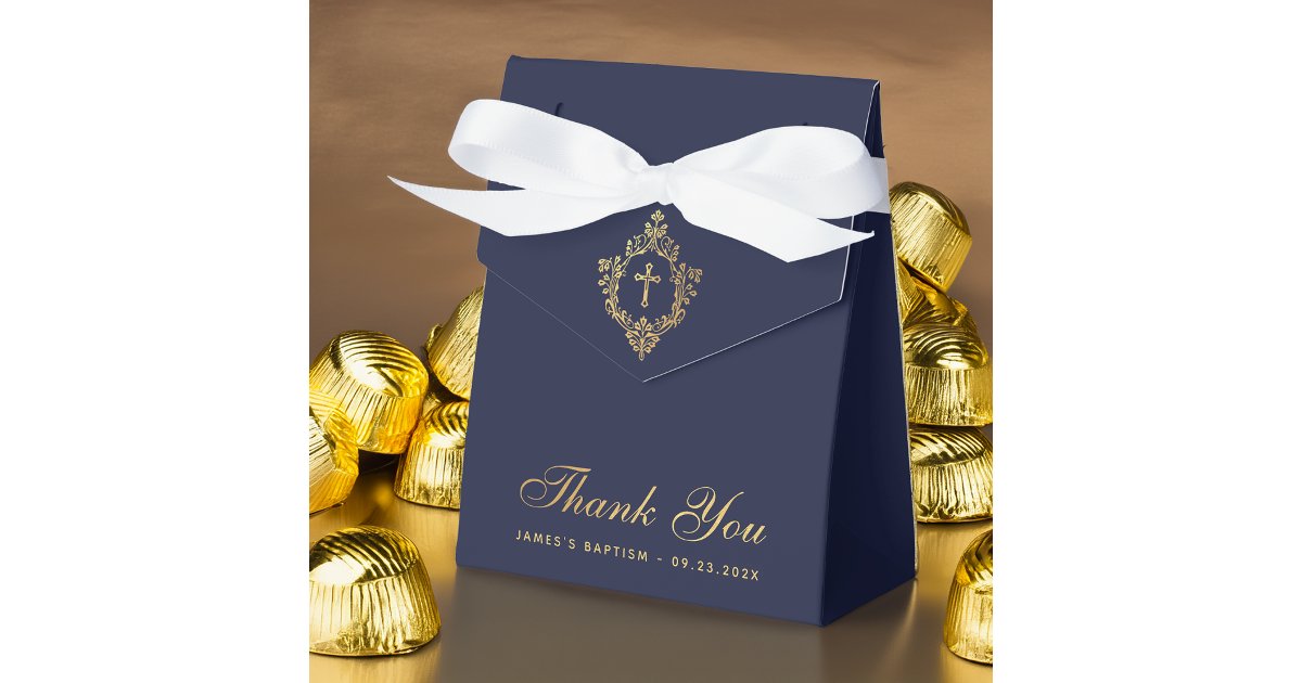 Boy Baptism Navy Blue Faux Gold Crest Thank You Favor Boxes | Zazzle