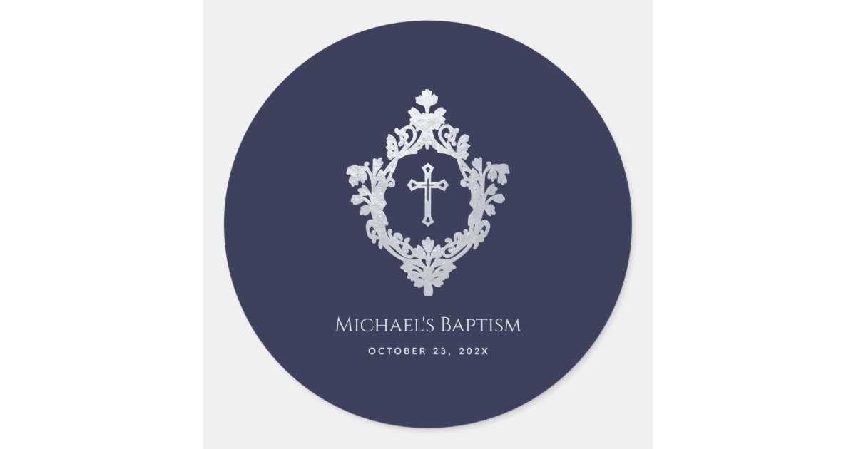 Boy Baptism Navy Blue Faux Silver Crest Vintage Classic Round Sticker ...