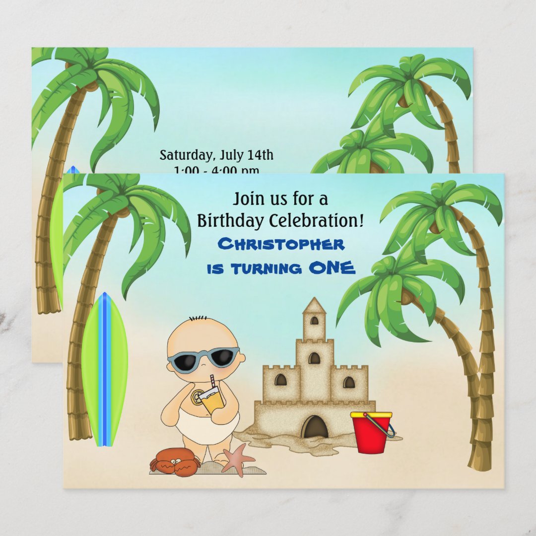 Boy Beach Baby Sandcastle n Surfboard 1st Birthday Invitation | Zazzle
