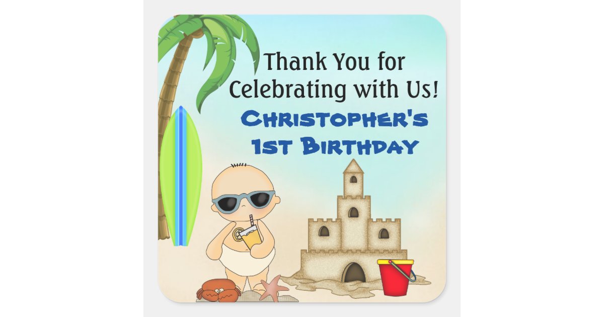Boy Beach Baby Sandcastle n Surfboard 1st Birthday Square Sticker | Zazzle